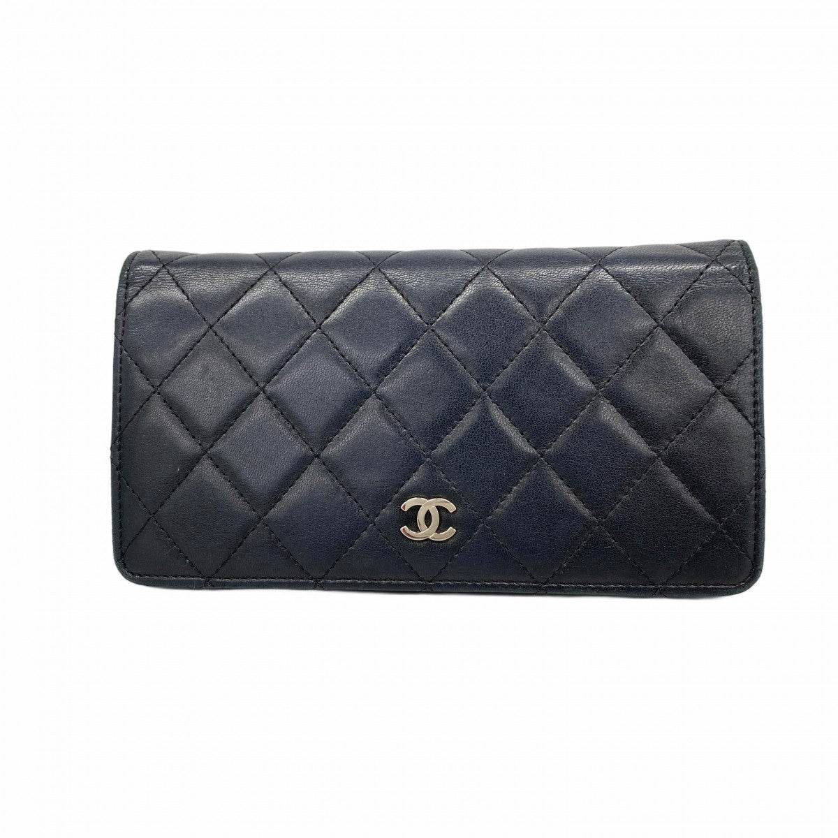 6ab0794-k】シャネル 長財布 マトラッセ ラムスキン ブラック シルバー